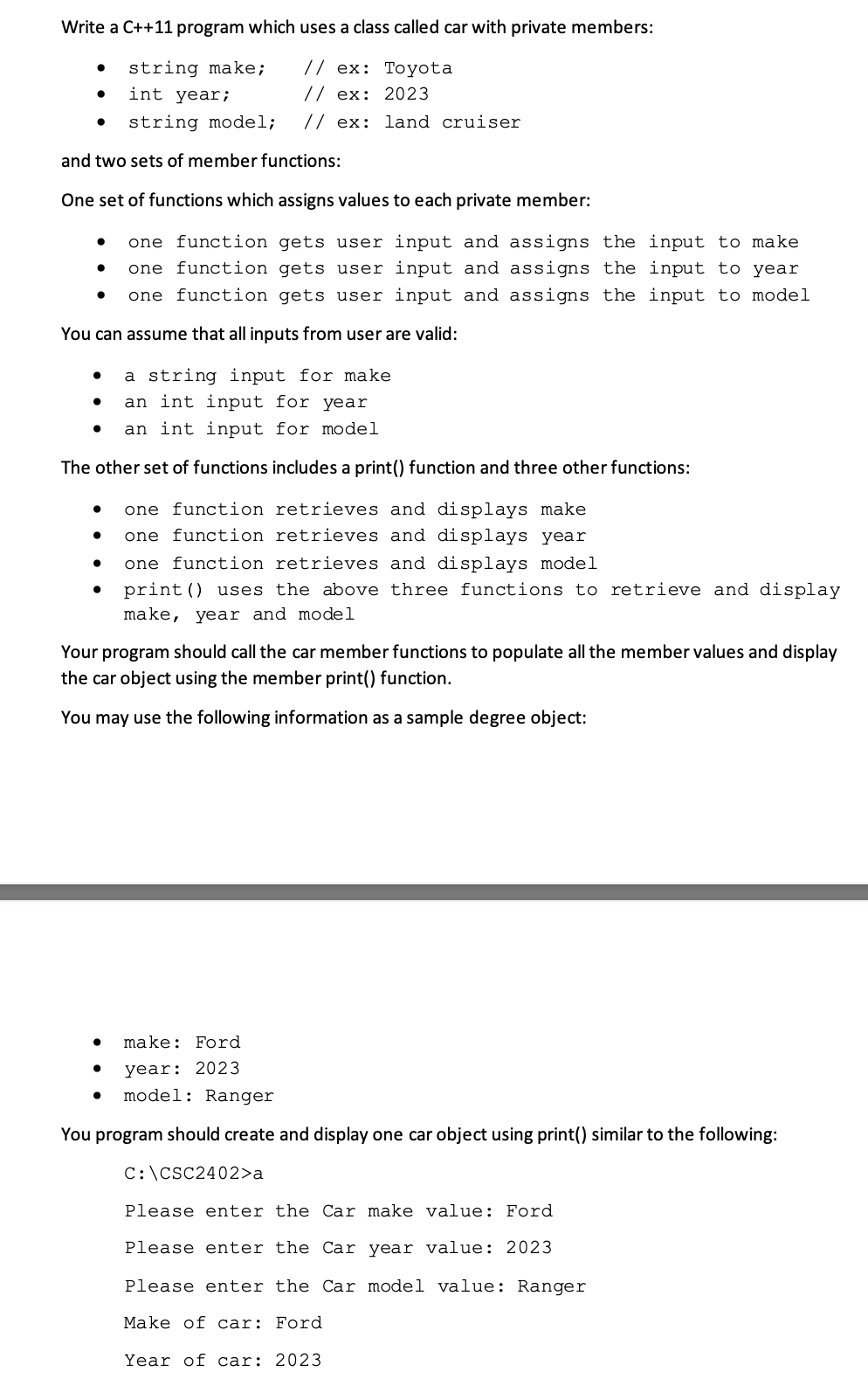 Write a C++11 program which uses a class called car | Chegg.com