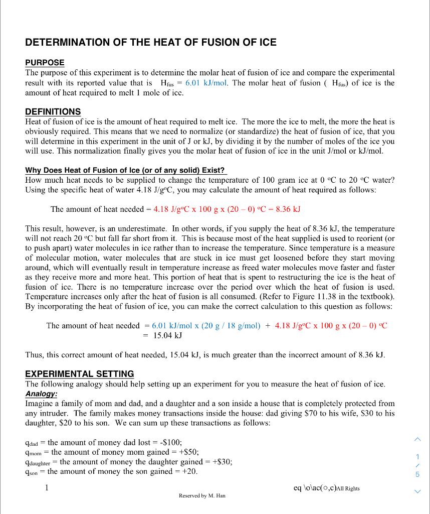 Solved DETERMINATION OF THE HEAT OF FUSION OF ICE PURPOSE | Chegg.com