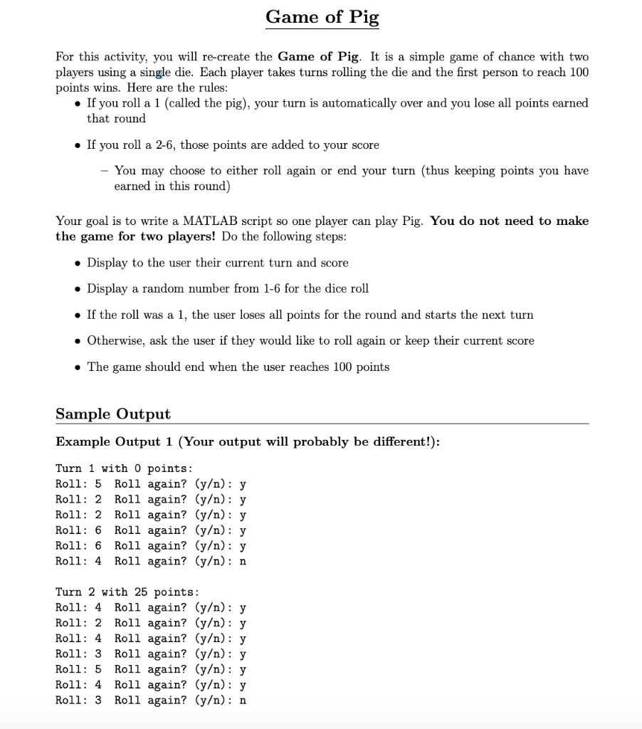 Solved Game of Pig For this activity, you will re-create the | Chegg.com