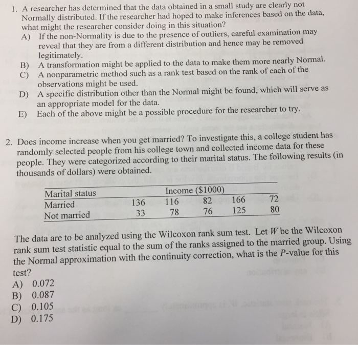Solved 1. A researcher has determined that the data obtained | Chegg.com