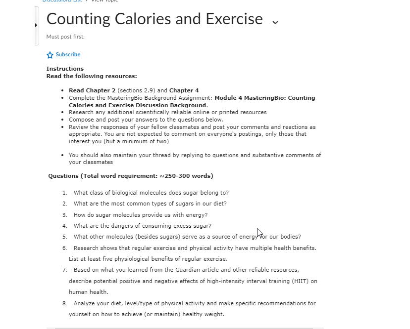 Solved Counting Calories and Exercise Must post first. | Chegg.com