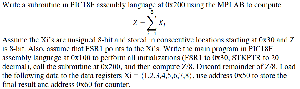 Write a subroutine in PIC18F assembly language at | Chegg.com