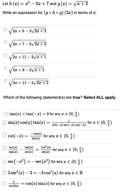 Solved Let h(x)=x2−2x+7 and g(x)=x+2. Write an expression | Chegg.com