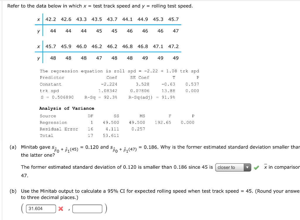 Solved Refer to the data below in which x = test track speed | Chegg.com