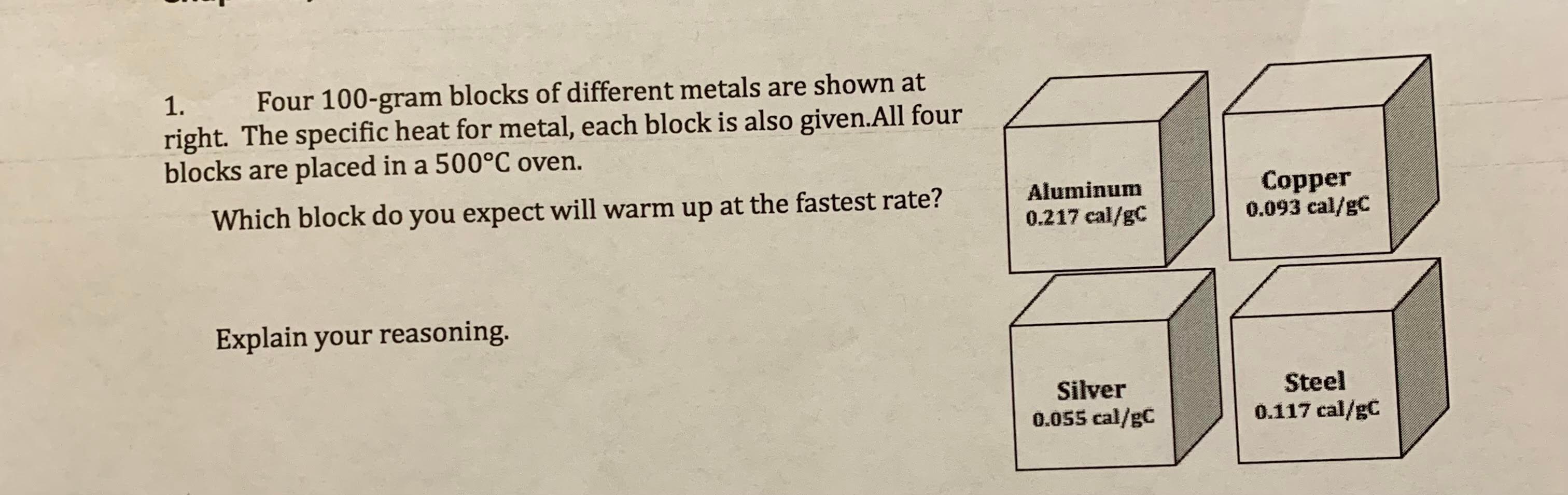 Solved 1. Four 100-gram blocks of different metals are shown | Chegg.com