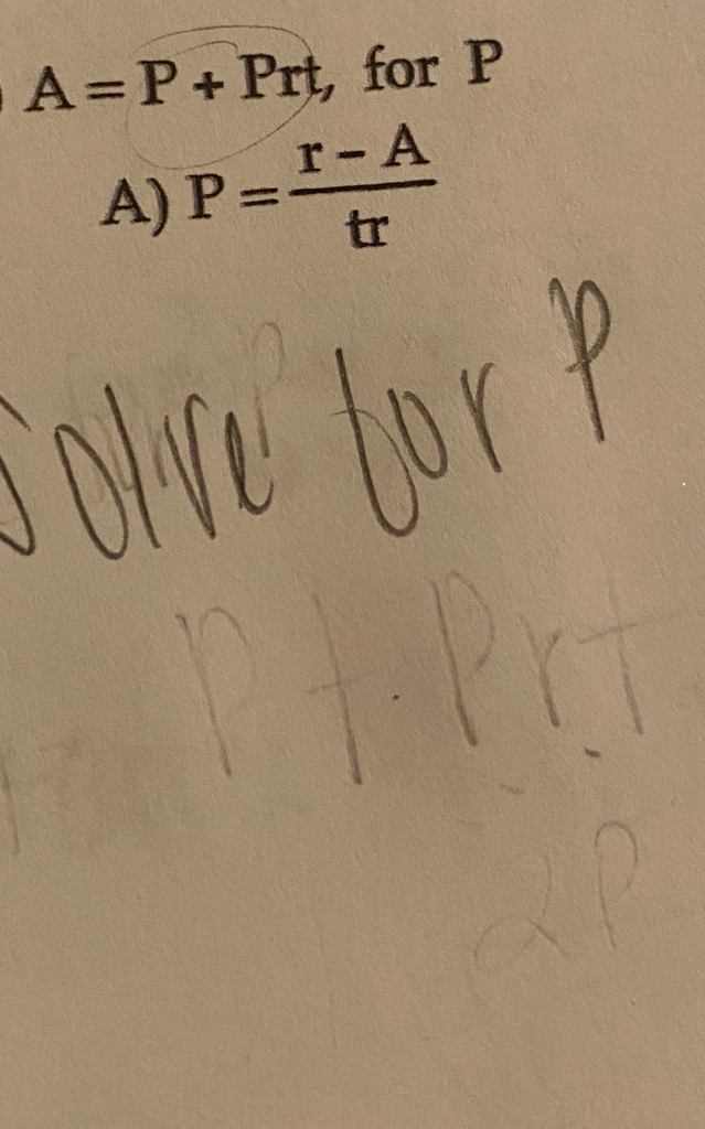 Solved A=P+Prt, for P r-A A) P= tr solve for p | Chegg.com