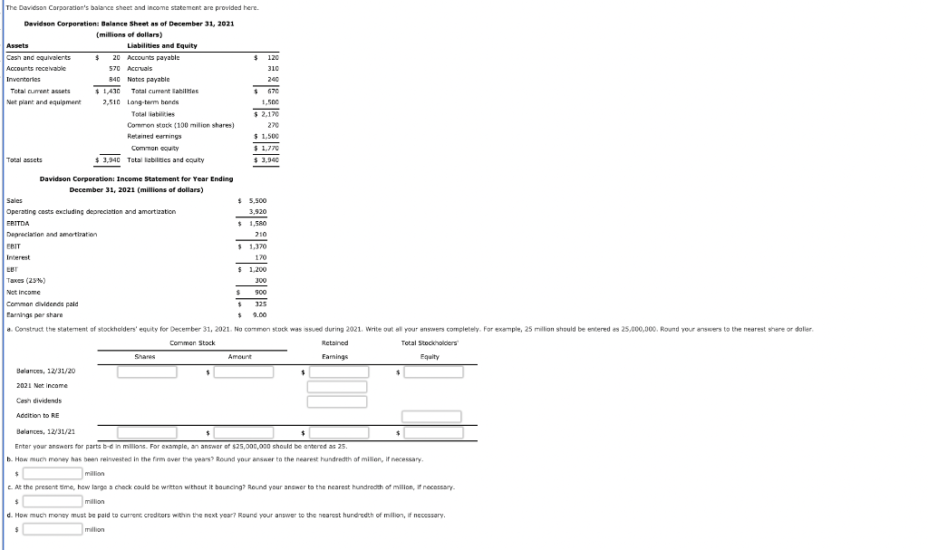 Solved The Davidson Corporation's balance sheet and income | Chegg.com