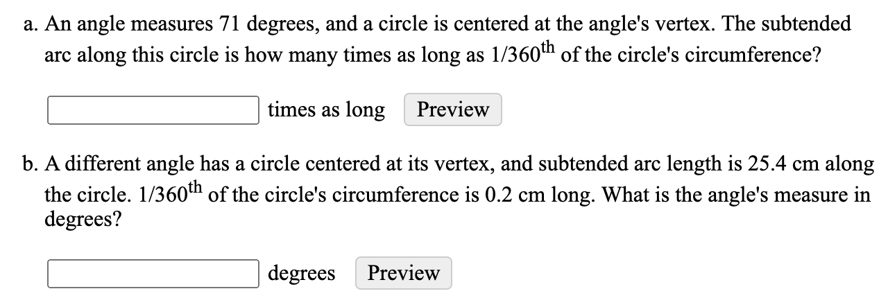 Solved a. An angle measures 71 degrees, and a circle is | Chegg.com