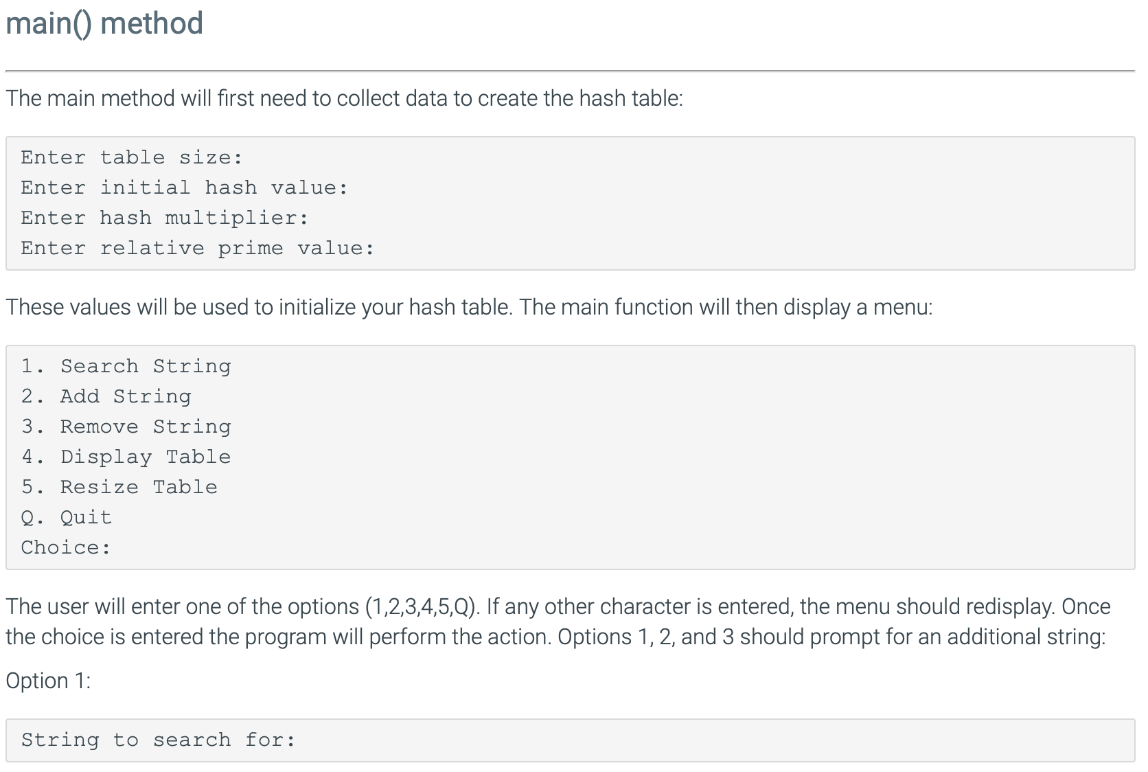Solved main() method The main method will first need to | Chegg.com