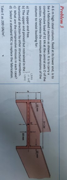 Solved Problem 3 A 6 m high steel column, fixed at its lower | Chegg.com
