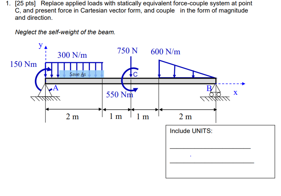 Solved 1. [25 pts] Replace applied loads with statically | Chegg.com