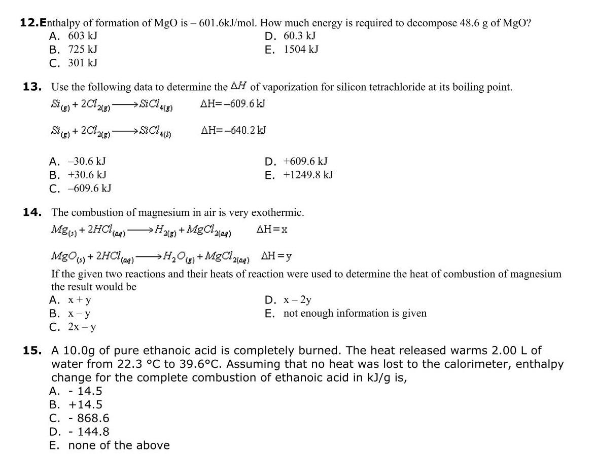 Solved 12.Enthalpy of formation of MgO is - 601.6kJ/mol. How | Chegg.com