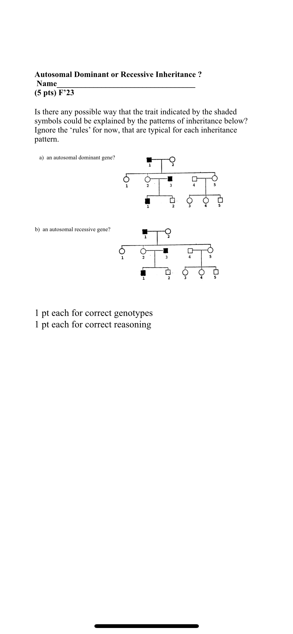 Solved Autosomal Dominant or Recessive Inheritance? Name (5 | Chegg.com