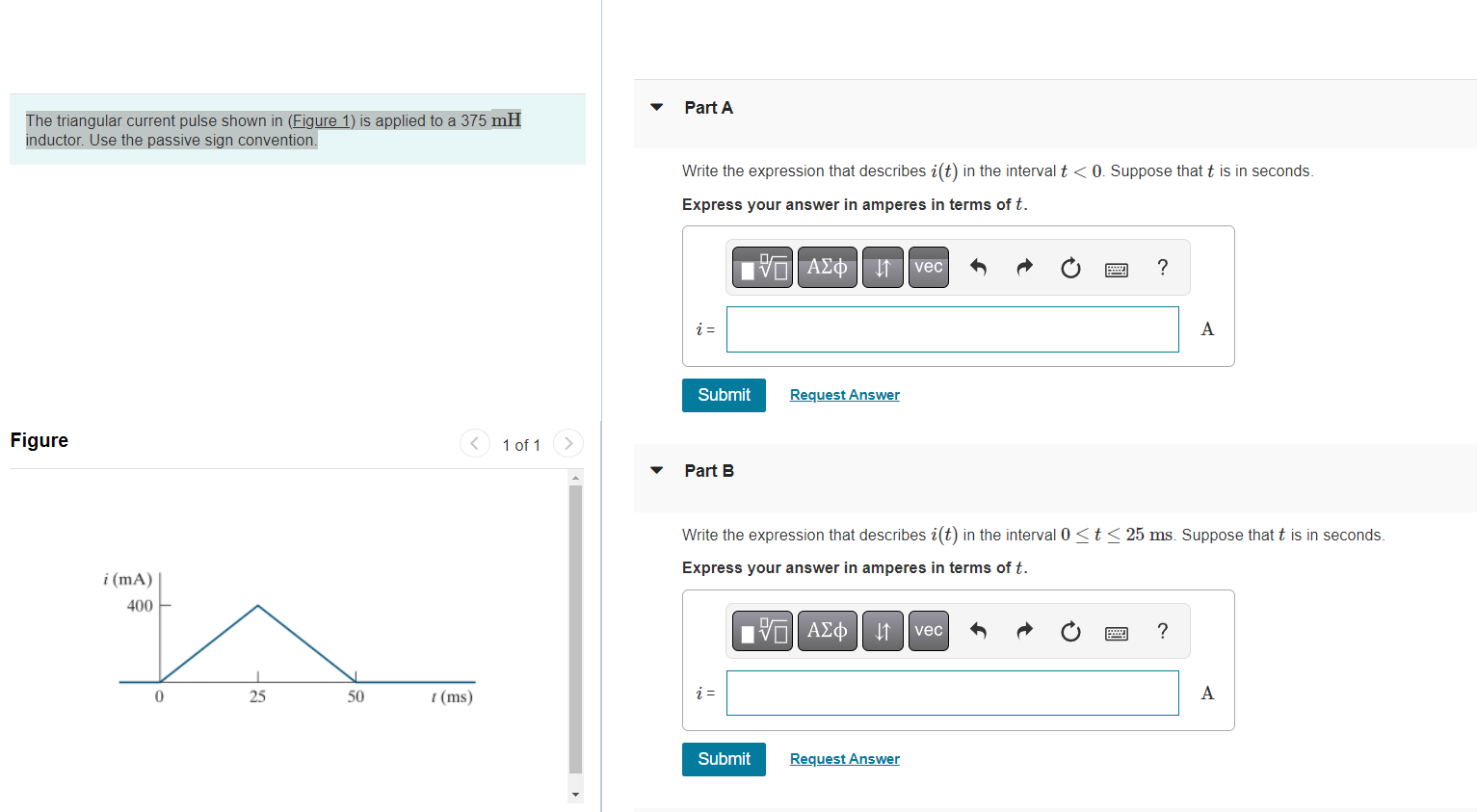 Solved The triangular current pulse shown in (Figure 1) is | Chegg.com