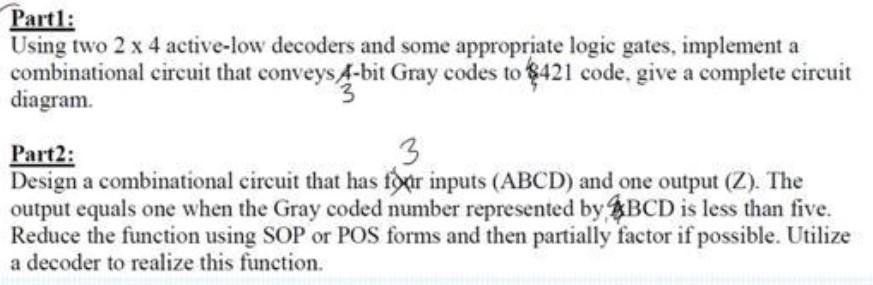 Solved Part1: Using two 2×4 active-low decoders and some | Chegg.com