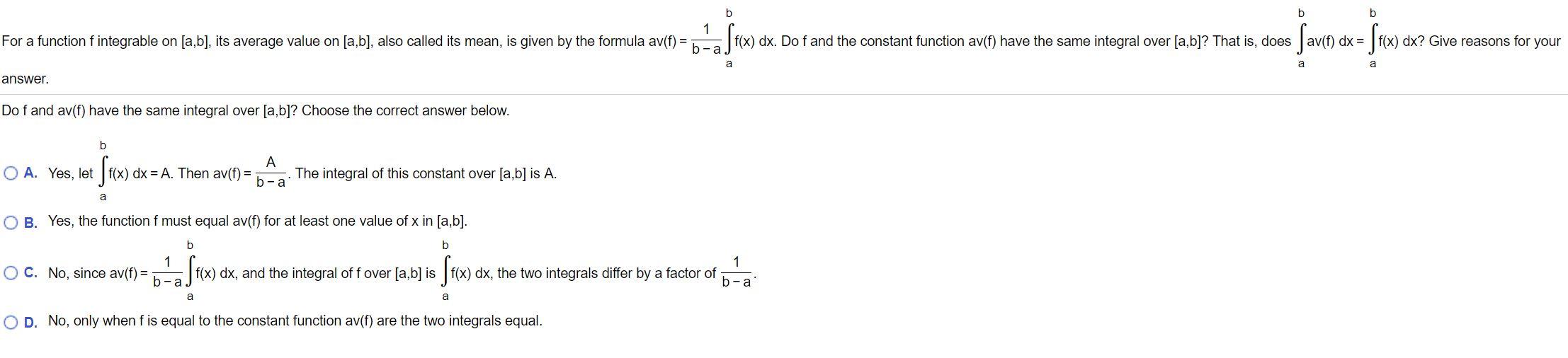 Solved b 1 For a function f integrable on [a,b], its average | Chegg.com