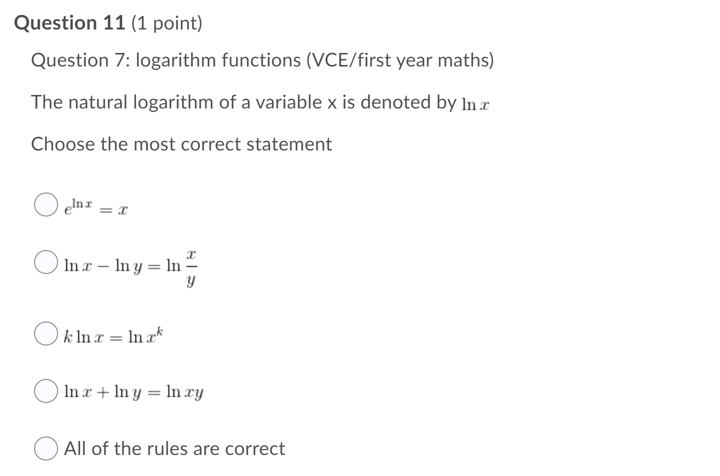 Solved Question 11 (1 point) Question 7: logarithm functions | Chegg.com