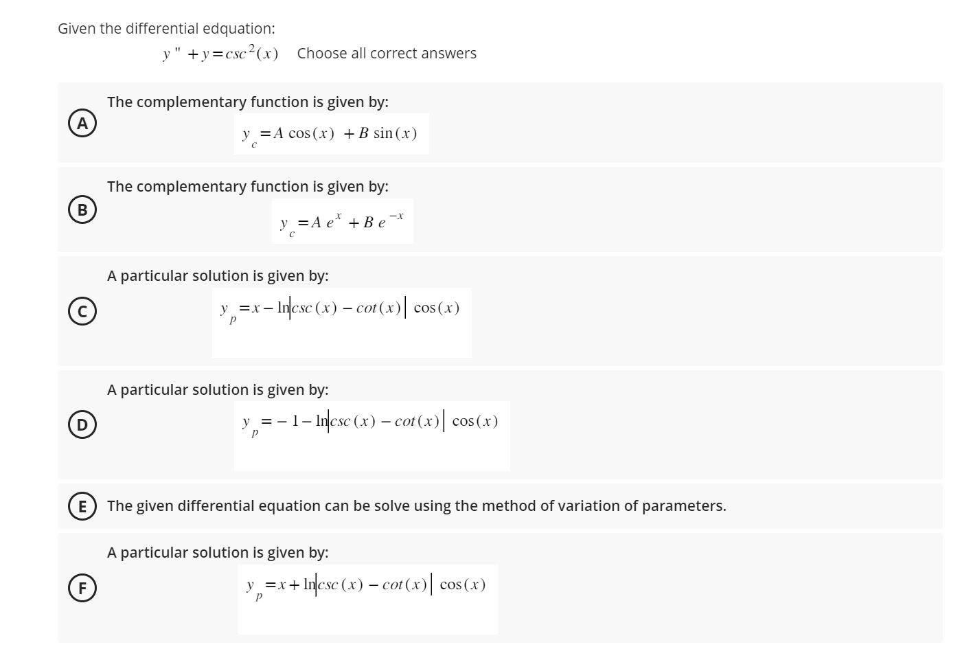Solved Given the differential edquation: y′′+y=csc2(x) | Chegg.com
