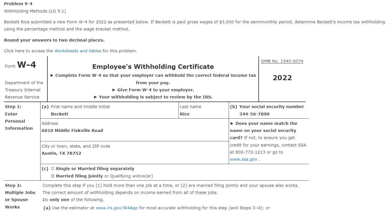 Withholding Methods (LO 9.1) using the percentage | Chegg.com