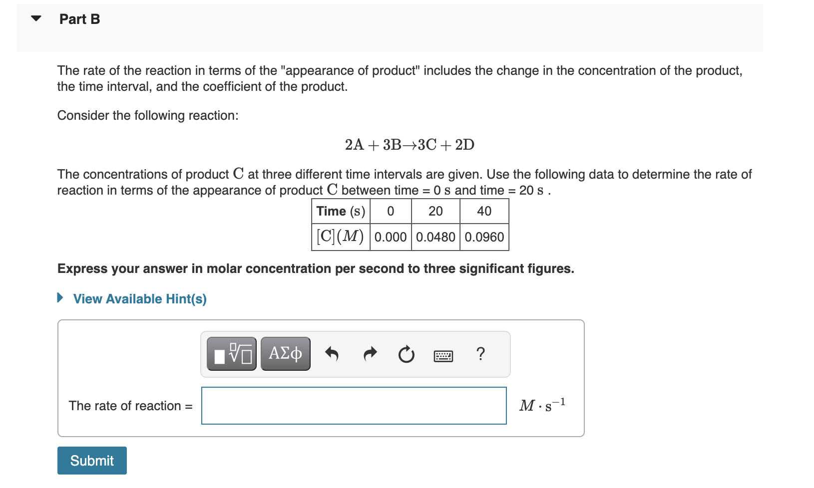 Solved The rate of the reaction in terms of the "appearance | Chegg.com