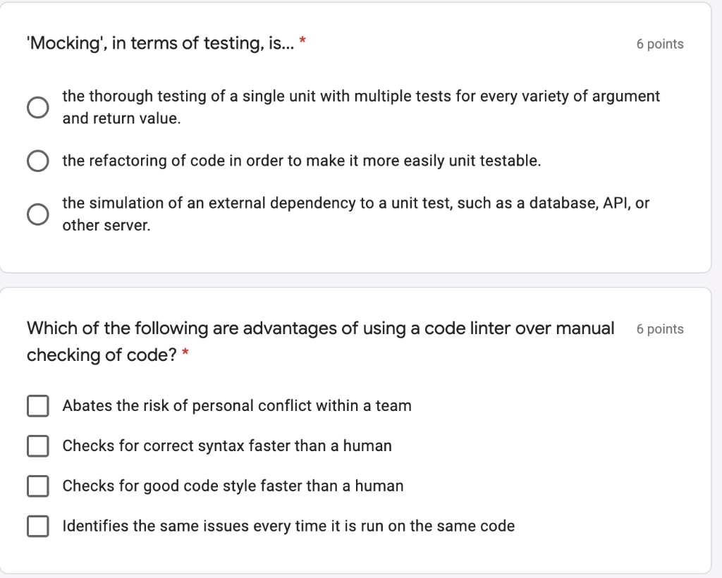 Solved 'Mocking', in terms of testing, is... * 6 points the | Chegg.com