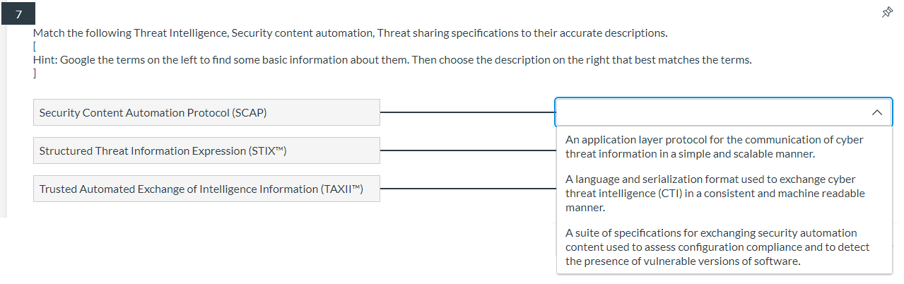Solved 7 Match the following Threat Intelligence, Security | Chegg.com