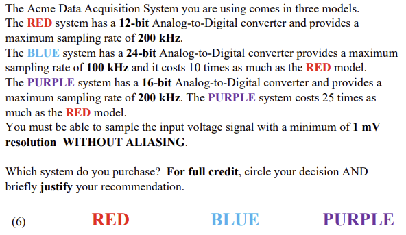 Solved The Acme Data Acquisition System you are using comes | Chegg.com