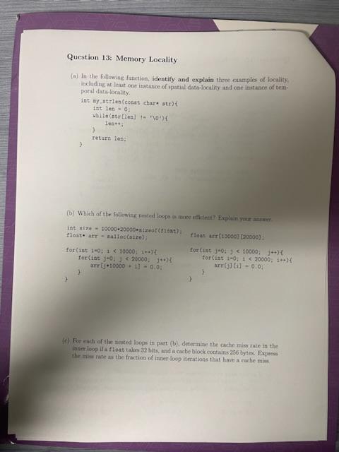 Solved Question 13: Memory Locality (a) In the following | Chegg.com
