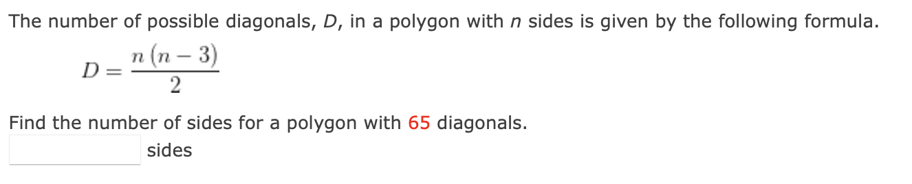 Solved The number of possible diagonals, D, in a polygon | Chegg.com