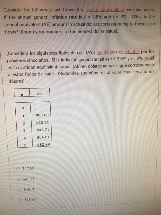 Solved Consider the following cash flows (A'n) in constant | Chegg.com