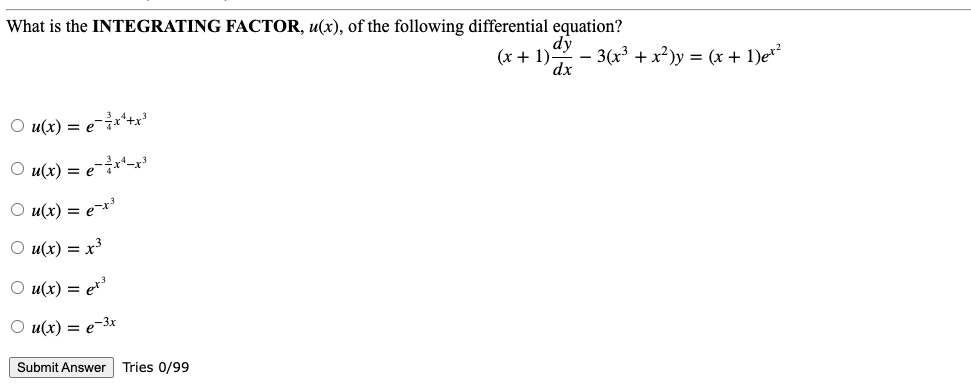Solved What is the INTEGRATING FACTOR, u(x), of the | Chegg.com