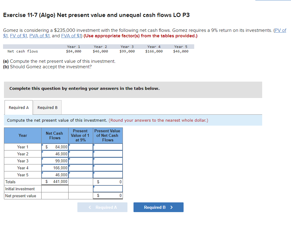 Solved Exercise 11-7 (Algo) Net present value and unequal | Chegg.com
