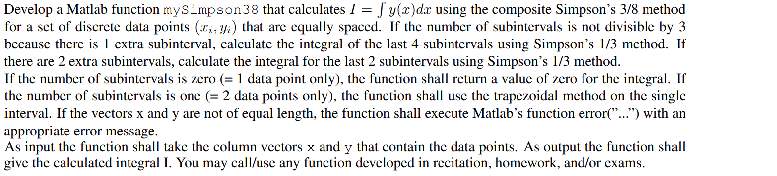 Develop a Matlab function mySimpson38 that calculates | Chegg.com