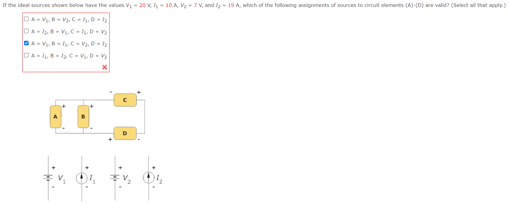 Solved A=V1, B=V2,C=I1,D=I2 A=I2, B=V1,C=I1,D=V2 A=V1, | Chegg.com