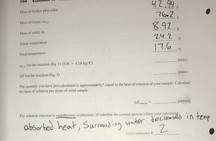 Solved Name Experiment 14 Data and Calculations: Heat | Chegg.com