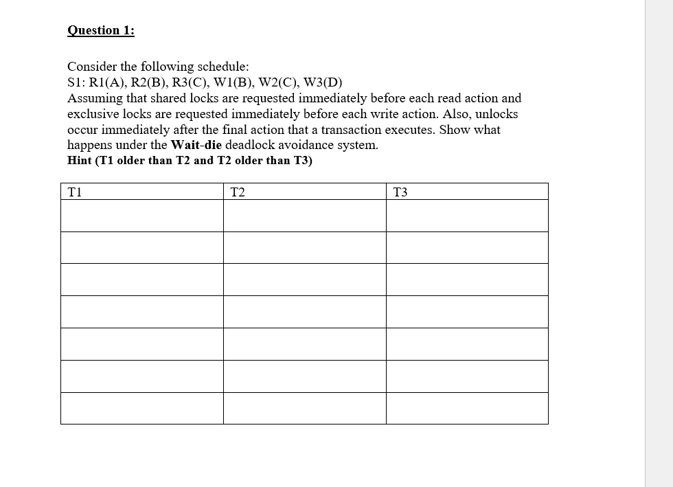 Solved Question 1: Consider the following schedule: S1: | Chegg.com