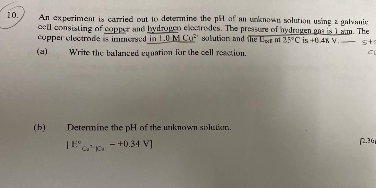 Solved 10. An experiment is carried out to determine the pH | Chegg.com