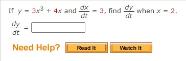 Solved If y=3x3+4x and dtdx=3, find dtdy when x=2. dtdy= | Chegg.com