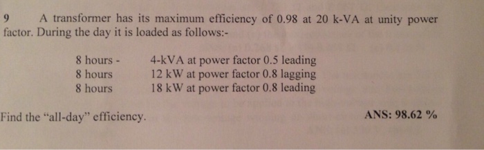 Solved A transformer has its maximum efficiency of 0.98 at | Chegg.com