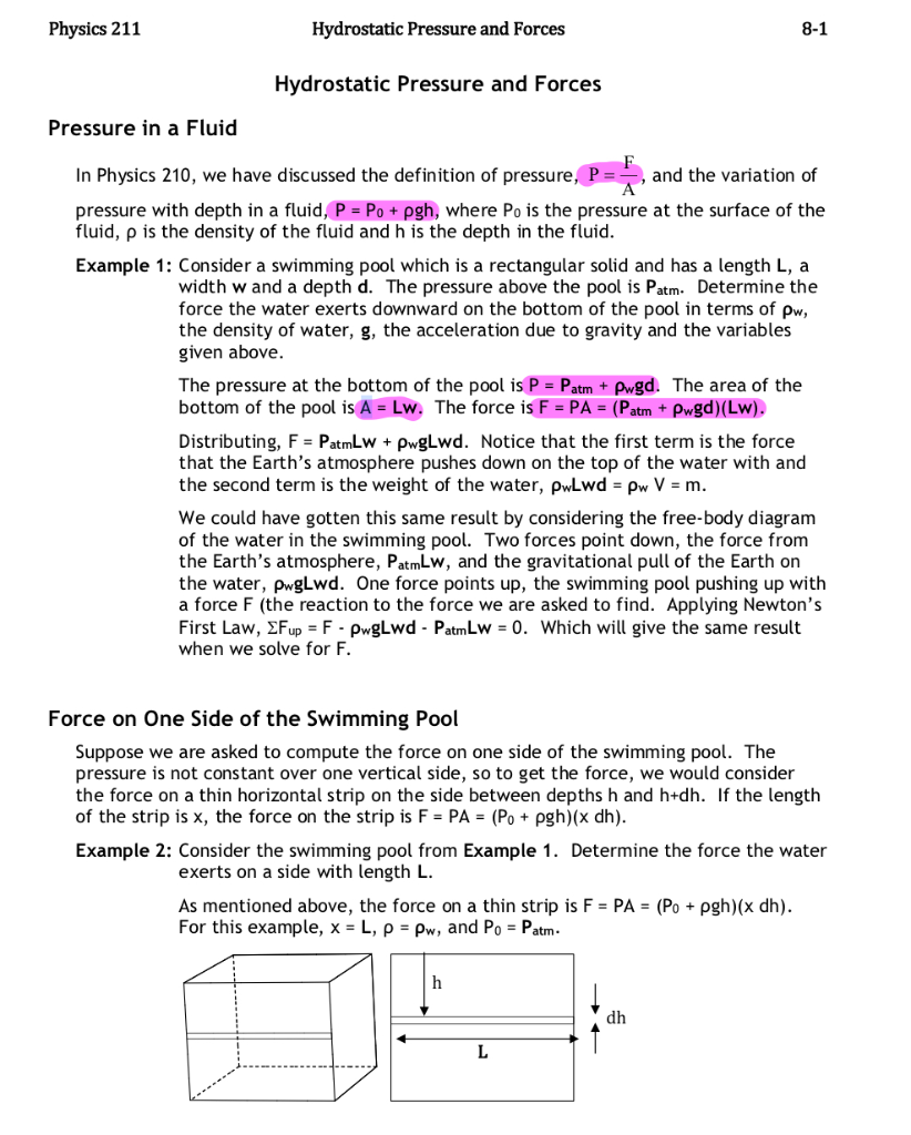 Solved Physics 211 Hydrostatic Pressure and Forces 8-1 | Chegg.com