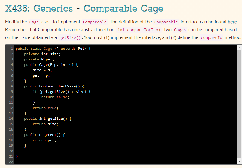 Solved X435: Generics - Comparable Cage Modify the Cage | Chegg.com