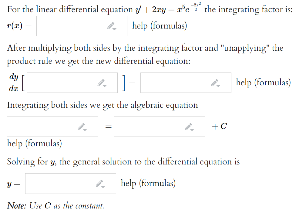 Solved For the linear differential equation y + 2xy = re* | Chegg.com