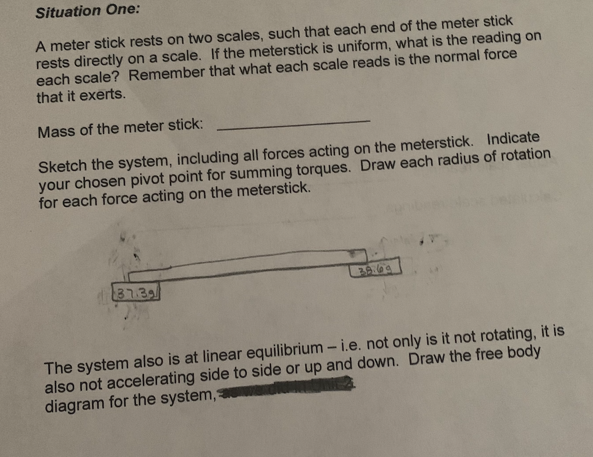 Solved Situation One: A meter stick rests on two scales, | Chegg.com