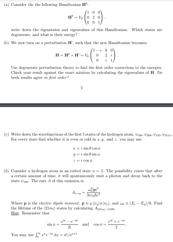 (a) ﻿Consider the the following Hamiltonian H0 | Chegg.com