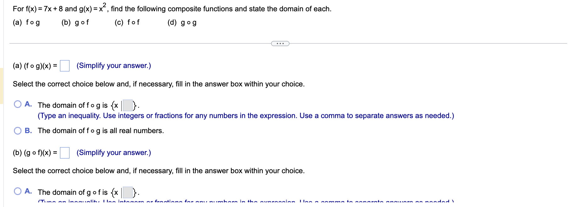 Solved For f(x)=7x+8 and g(x)=x2, find the following | Chegg.com