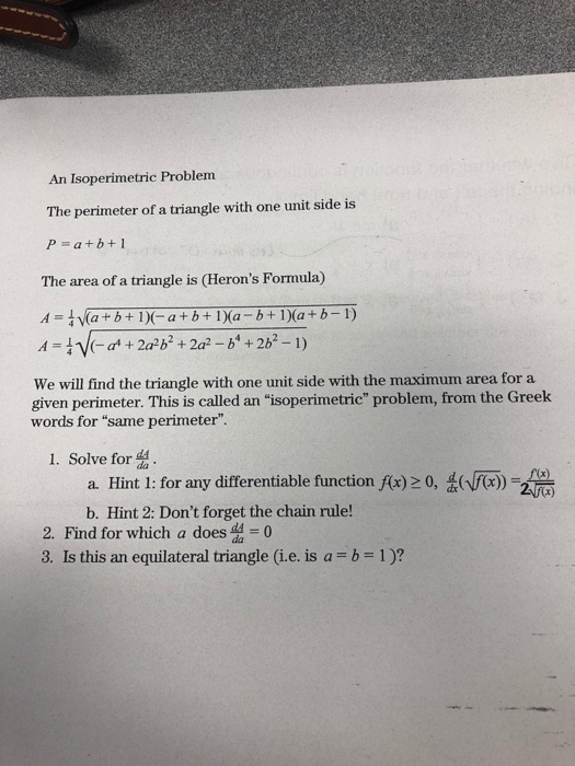 Solved An Isoperimetric Problem The perimeter of a triangle | Chegg.com