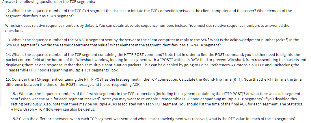 Solved Answer The Following Questions For The Tcp Segments