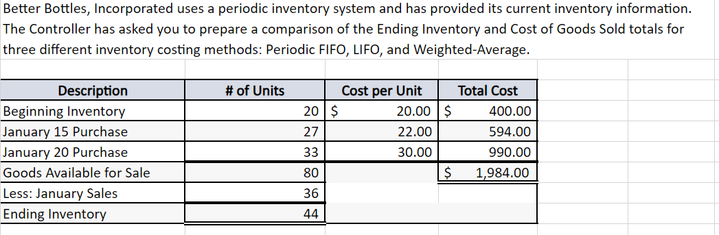 Solved Better Bottles, Incorporated uses a periodic | Chegg.com