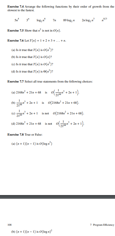Solved Exercise 7.4 Arrange the following functions by their | Chegg.com