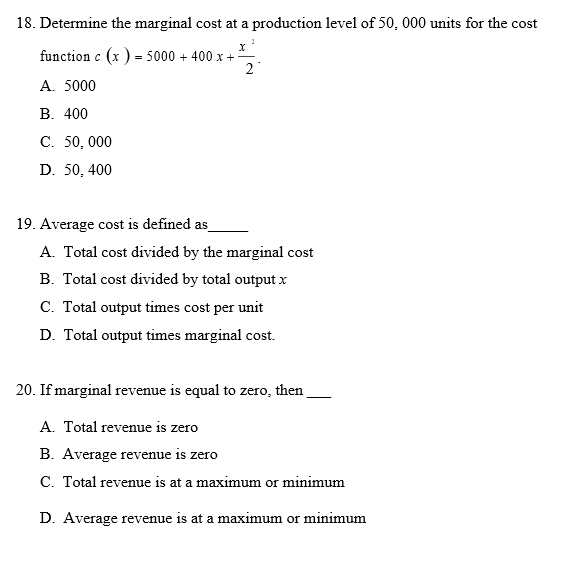 Solved 18. Determine the marginal cost at a production level | Chegg.com